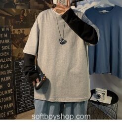Fake Two Pieces Patchwork Oversized Long Sleeve T Shirt